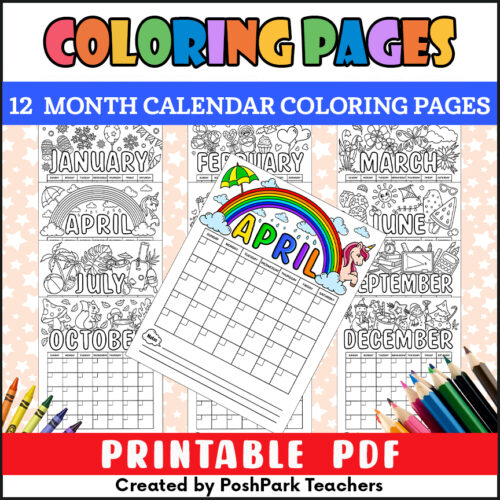 12 Month Coloring Calendar for Kids, PDF Cute Coloring Calendar | Made ...