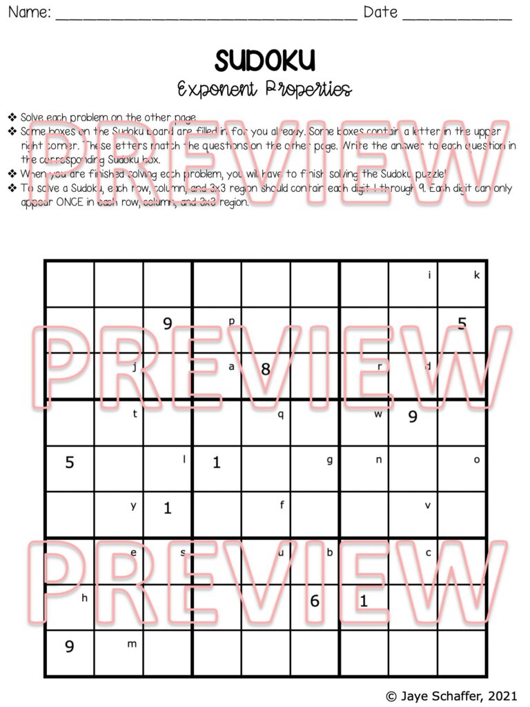 Exponent Properties Sudoku Puzzle | Made By Teachers