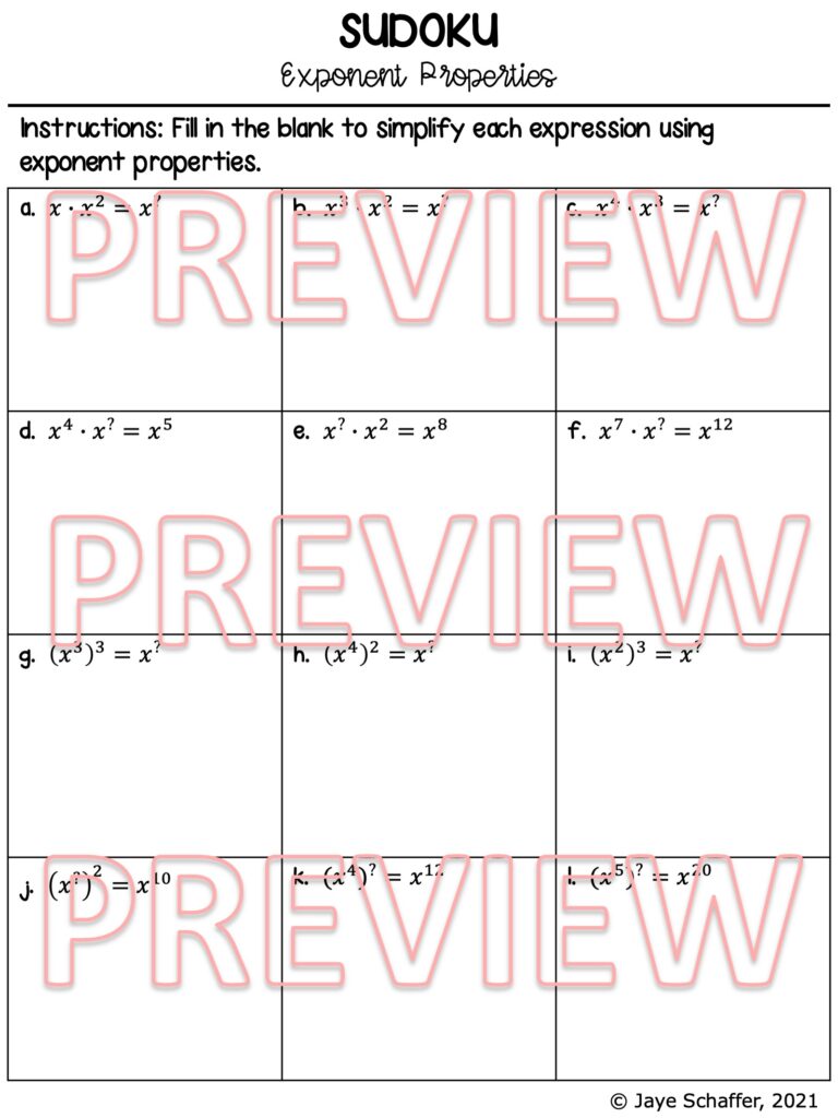 Exponent Properties Sudoku Puzzle | Made By Teachers