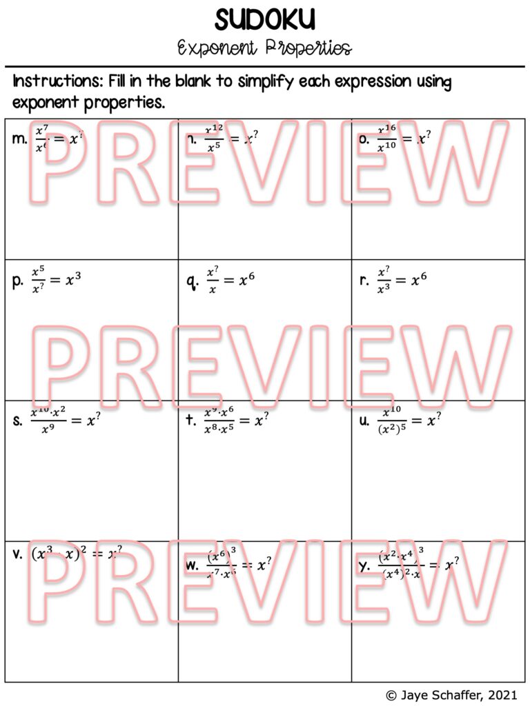 Exponent Properties Sudoku Puzzle | Made By Teachers