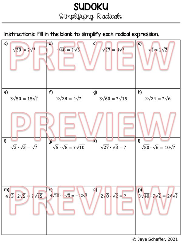 Simplifying Radicals and Radical Operations Sudoku Puzzle | Made By ...