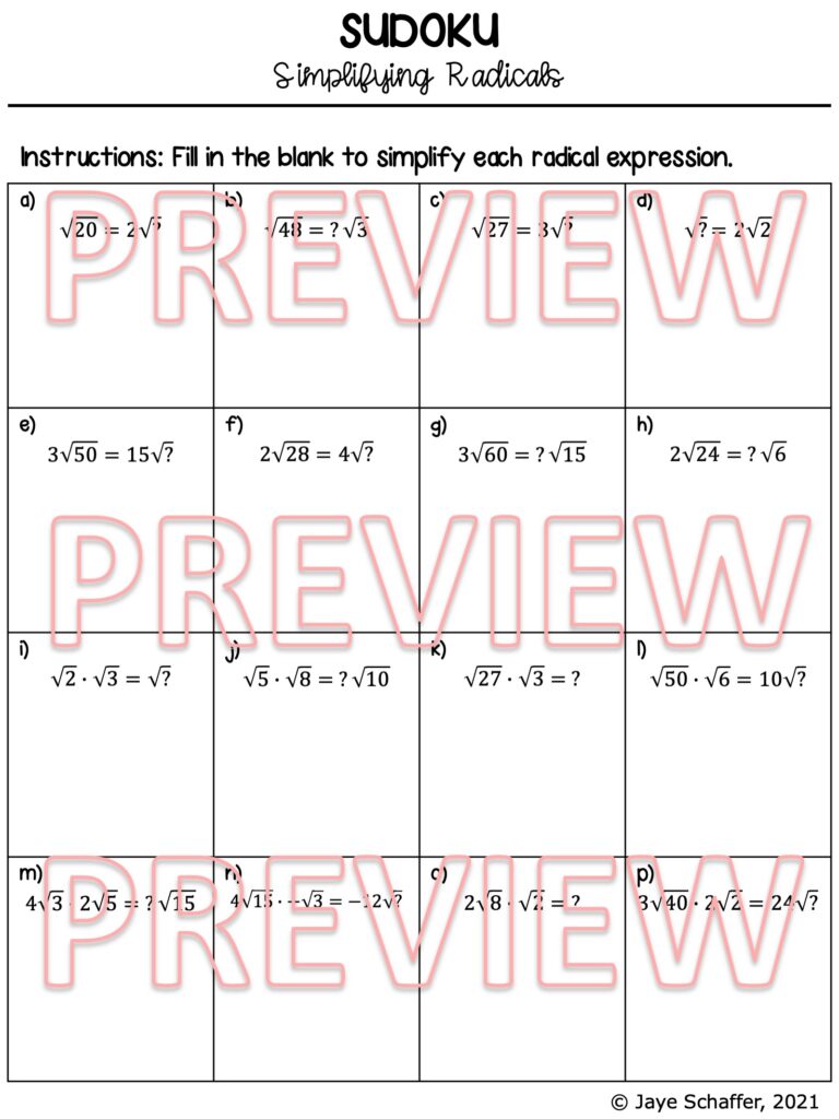 Simplifying Radicals and Radical Operations Sudoku Puzzle | Made By ...