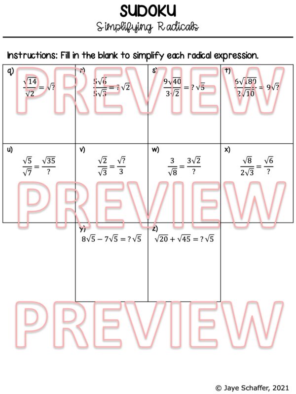 Simplifying Radicals and Radical Operations Sudoku Puzzle | Made By ...