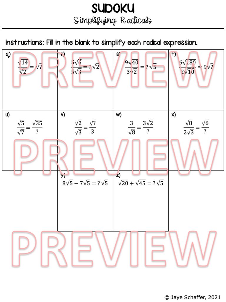 Simplifying Radicals and Radical Operations Sudoku Puzzle | Made By ...