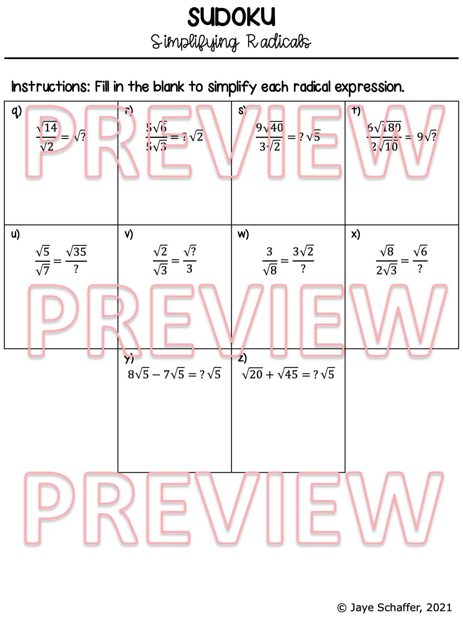Simplifying Radicals and Radical Operations Sudoku Puzzle | Made By ...