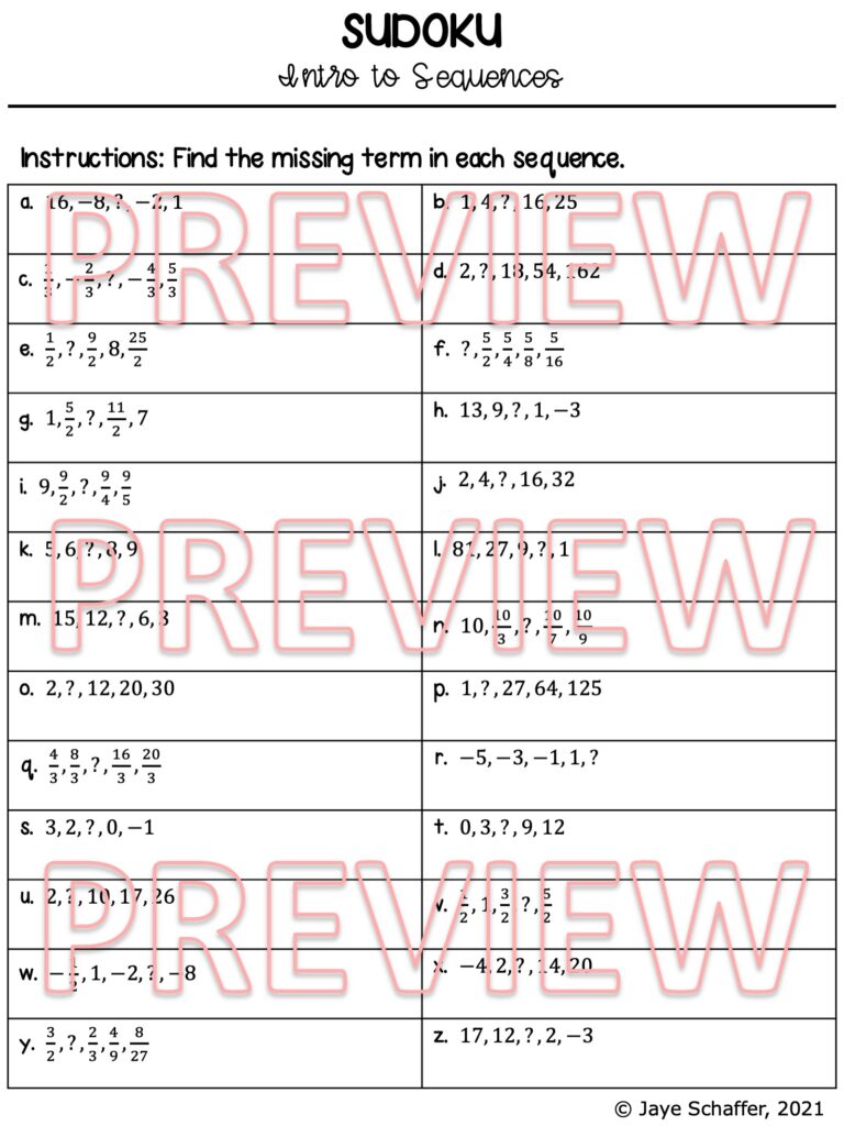 Intro to Sequences Diagonal Sudoku Puzzle - Made By Teachers