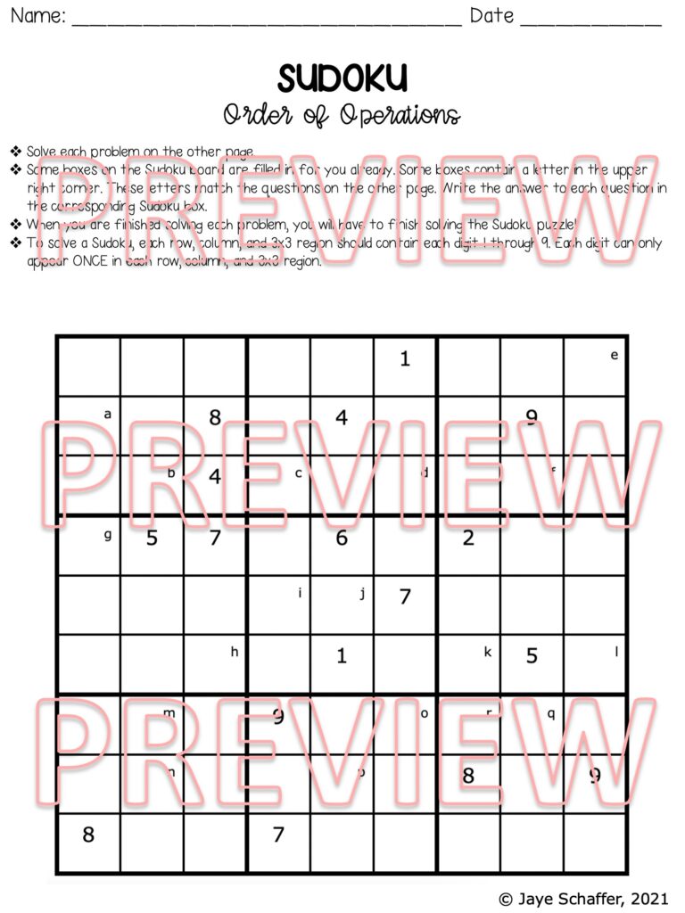 Order of Operations Sudoku Puzzle | Made By Teachers