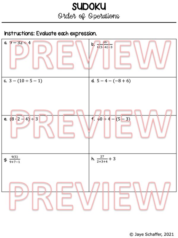 Order of Operations Sudoku Puzzle - Made By Teachers