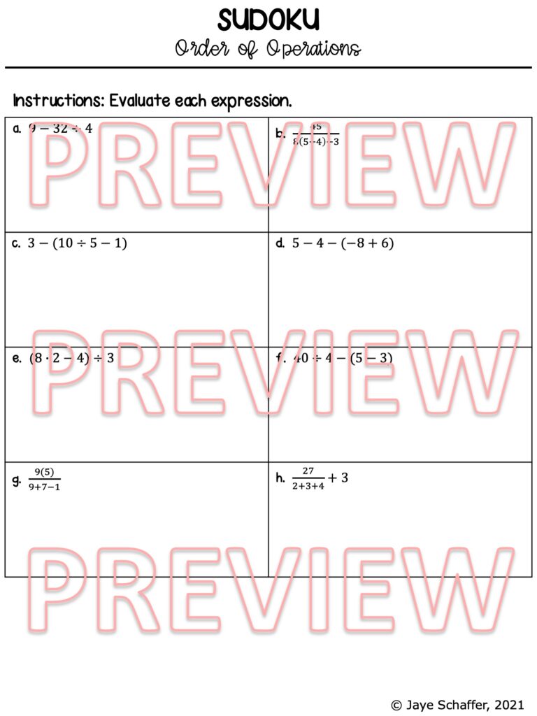 Order of Operations Sudoku Puzzle - Made By Teachers