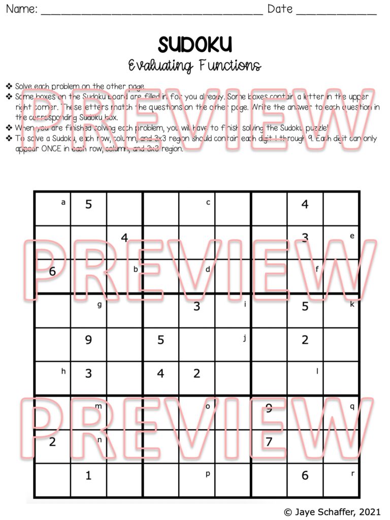 Evaluating Functions Sudoku Puzzle | Made By Teachers