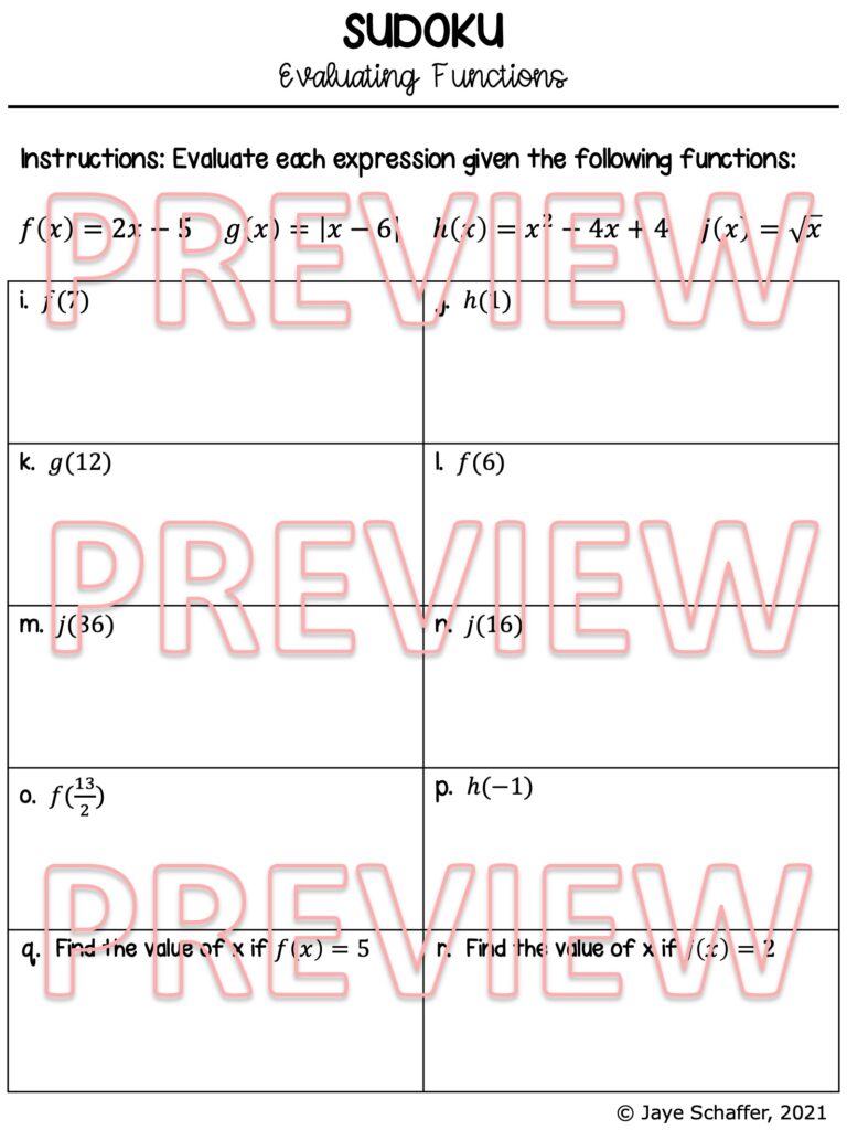 Evaluating Functions Sudoku Puzzle | Made By Teachers