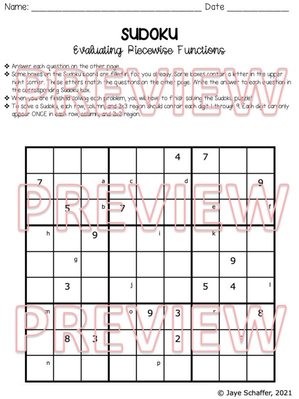 Evaluating Piecewise Functions Sudoku Puzzle - Made By Teachers