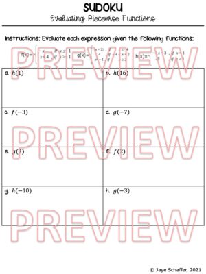 Evaluating Piecewise Functions Sudoku Puzzle - Made By Teachers