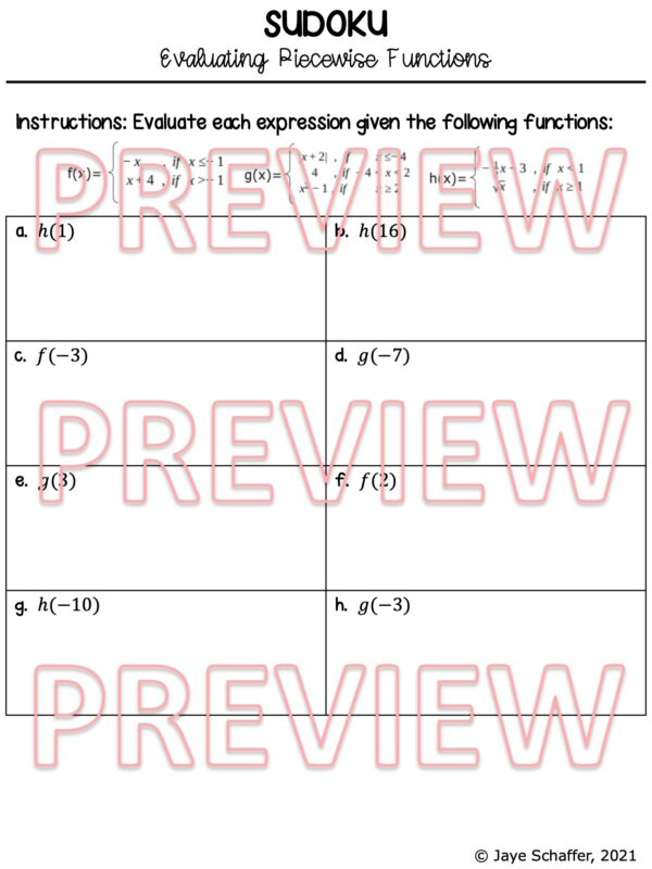 Evaluating Piecewise Functions Sudoku Puzzle | Made By Teachers
