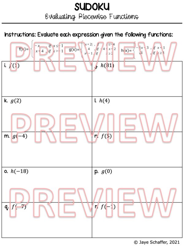 Evaluating Piecewise Functions Sudoku Puzzle - Made By Teachers
