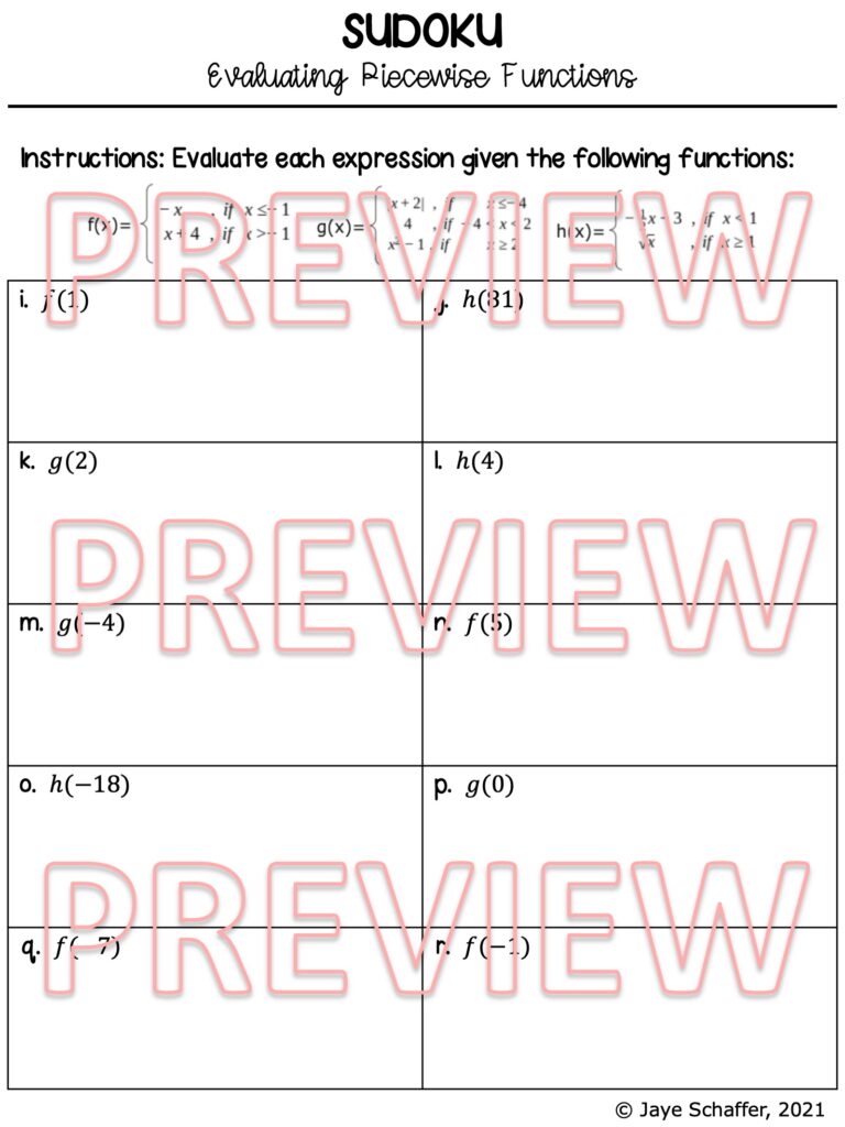 Evaluating Piecewise Functions Sudoku Puzzle - Made By Teachers