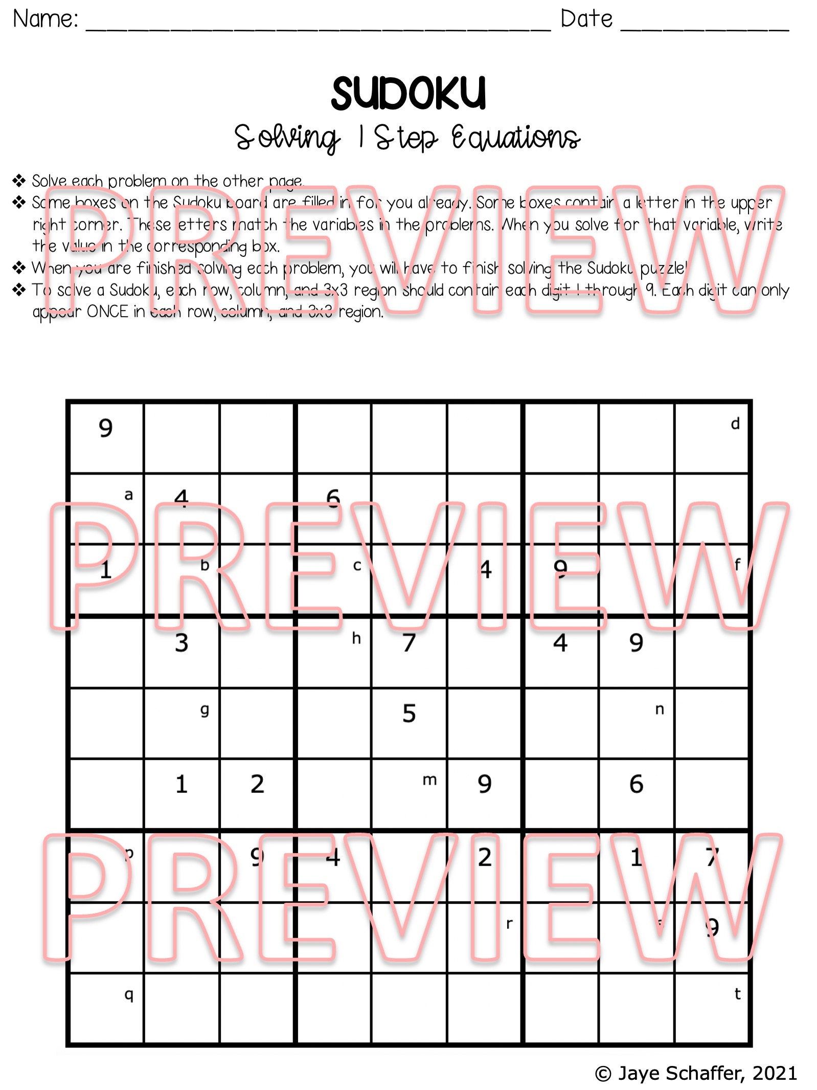Solving One Step Equations Sudoku Puzzle | Made By Teachers