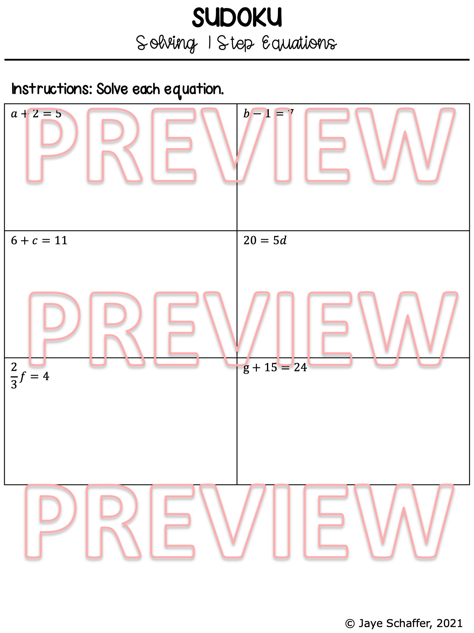 Solving One Step Equations Sudoku Puzzle | Made By Teachers