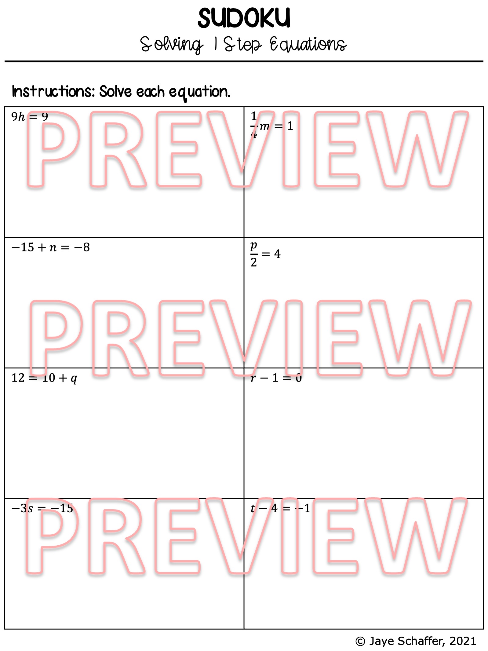 Solving One Step Equations Sudoku Puzzle | Made By Teachers