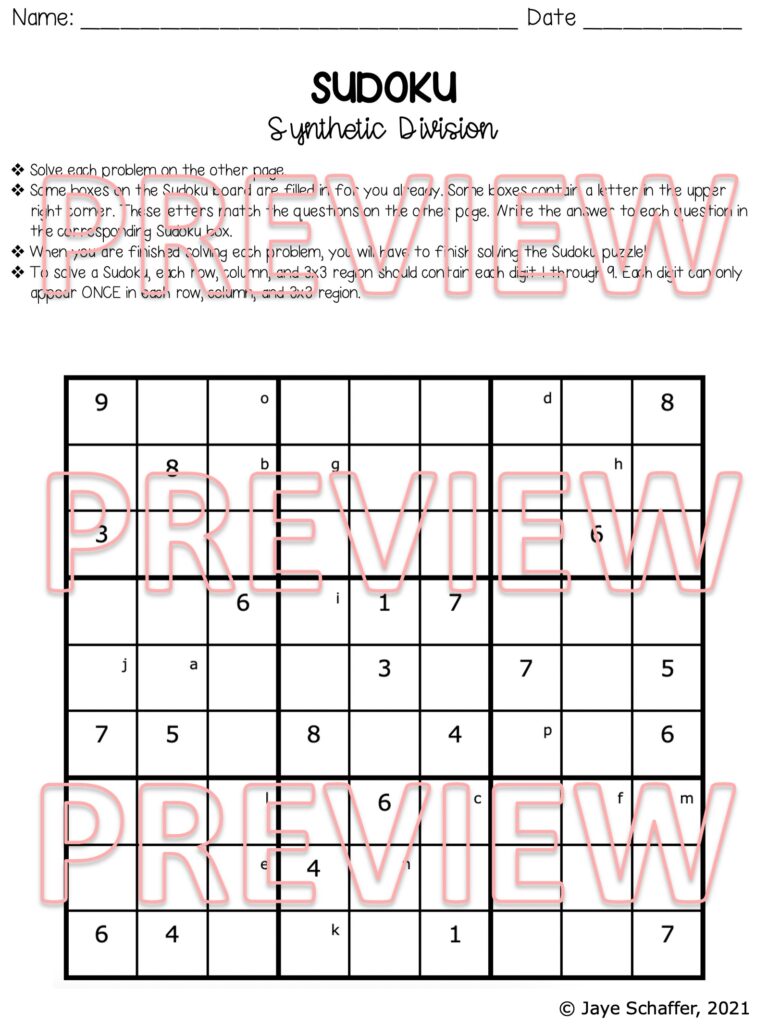 Dividing Polynomials with Synthetic Division Sudoku Puzzle | Made By ...