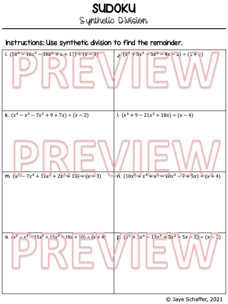 Dividing Polynomials with Synthetic Division Sudoku Puzzle | Made By ...