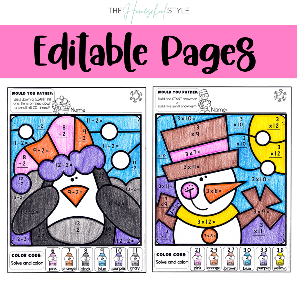 Winter Color by Number EDITABLE Math Activities Color by Code | Made By ...