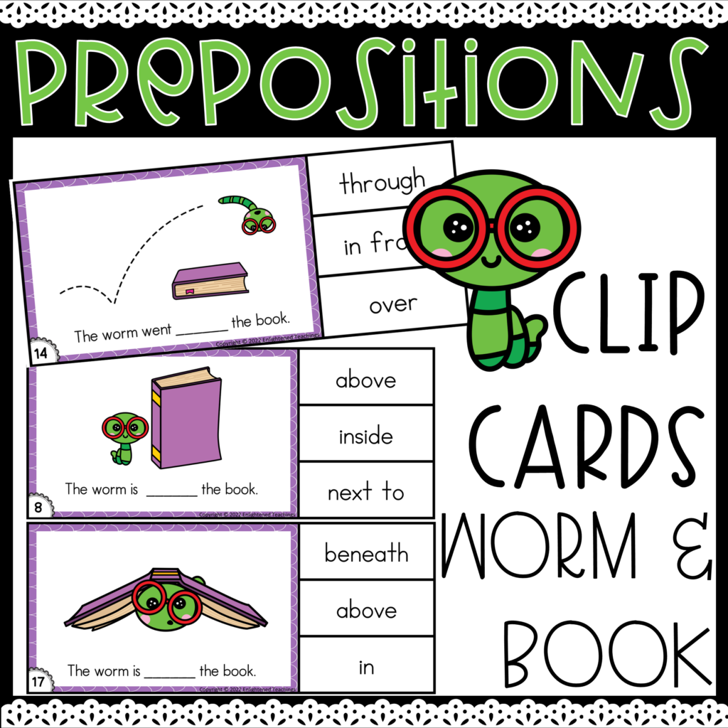 Bookworm Preposition Clip Cards Task Cards Positional Words School ...