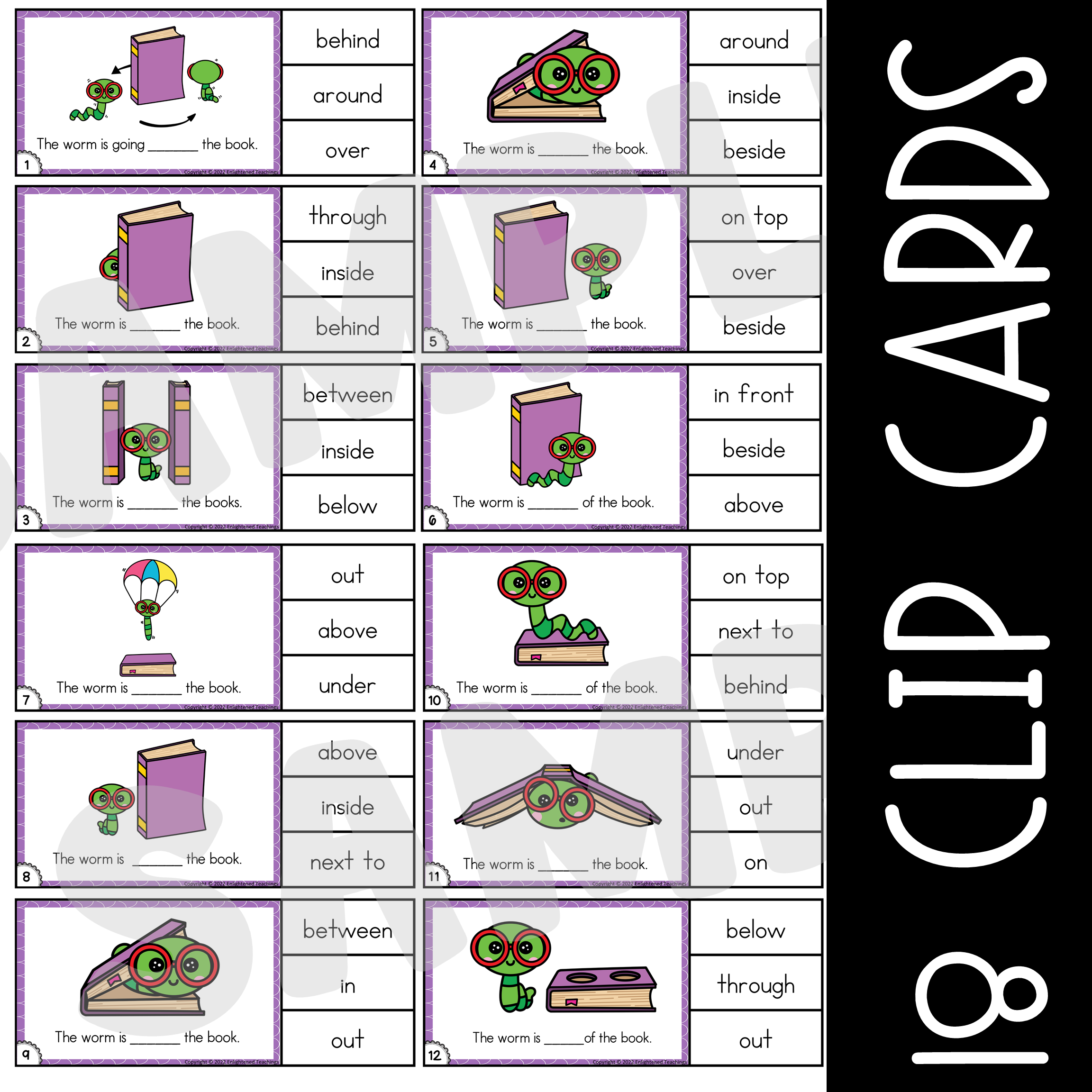 Bookworm Preposition Clip Cards Task Cards Positional Words School ...