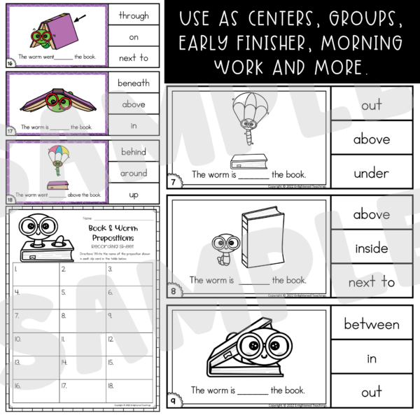 Bookworm Preposition Clip Cards Task Cards Positional Words School ...