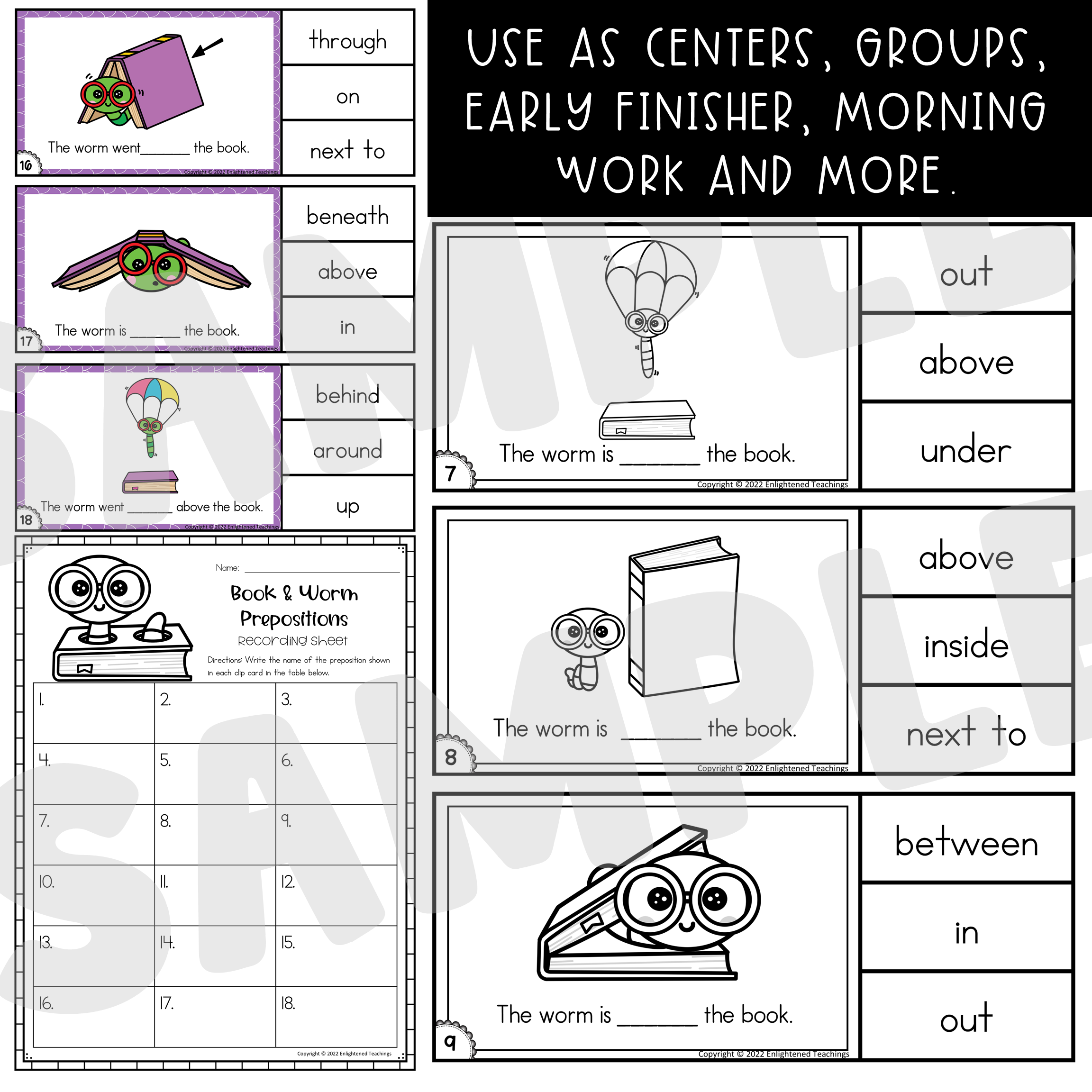 Bookworm Preposition Clip Cards Task Cards Positional Words School ...