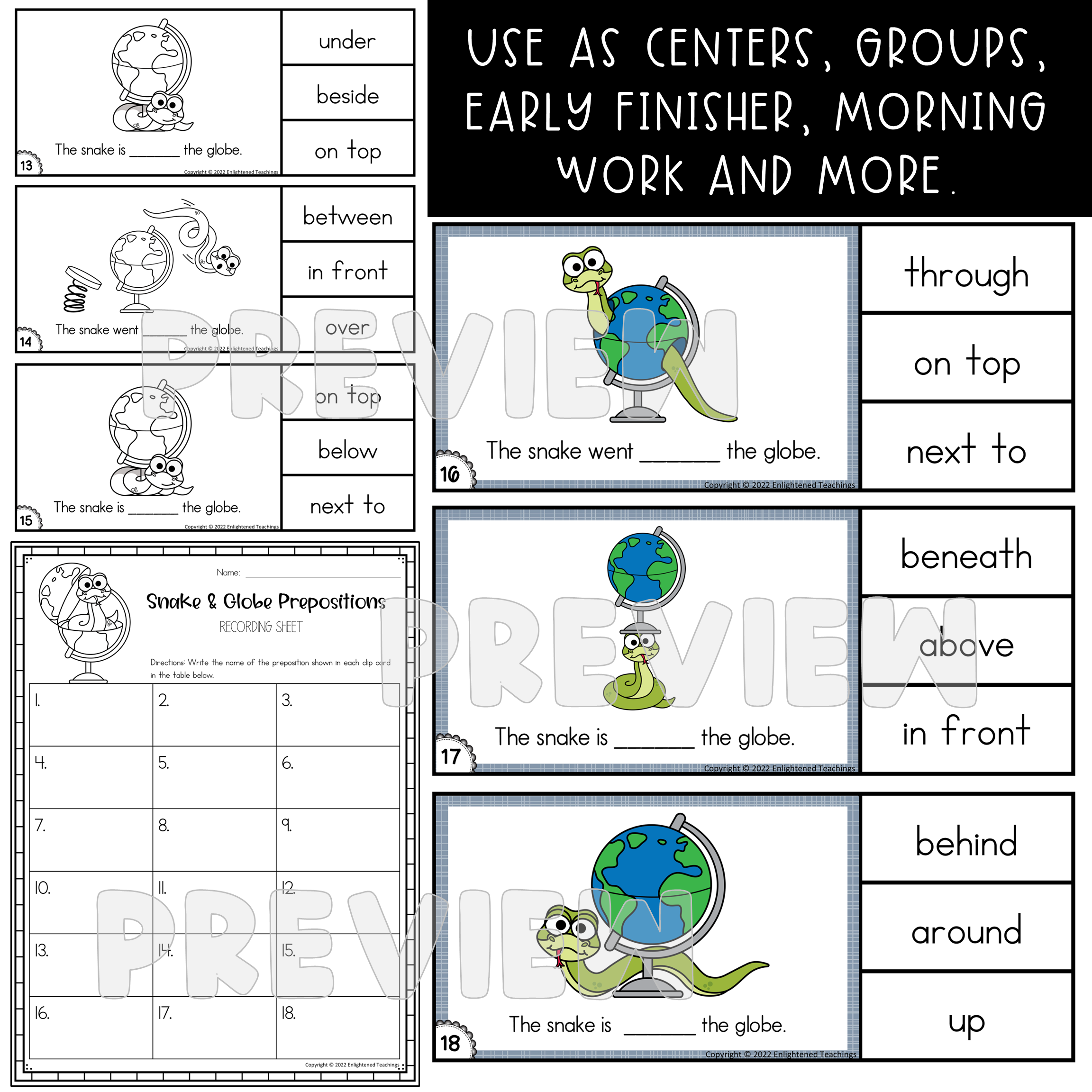 Snake Preposition Clip Cards Task Cards Positional Words School ...