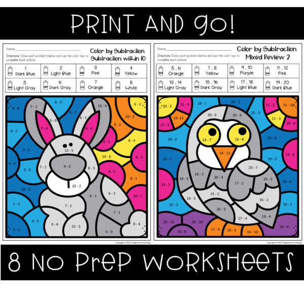 Arctic Animal Subtraction to 20 Color by Code Number NO PREP Coloring ...