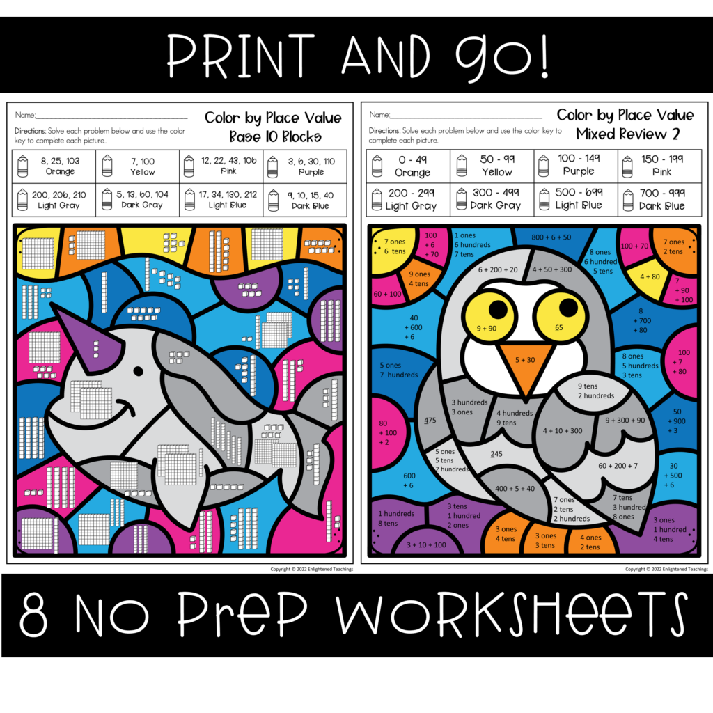 Place Value Hundreds Tens and Ones Color by Code Arctic Animal NO PREP ...