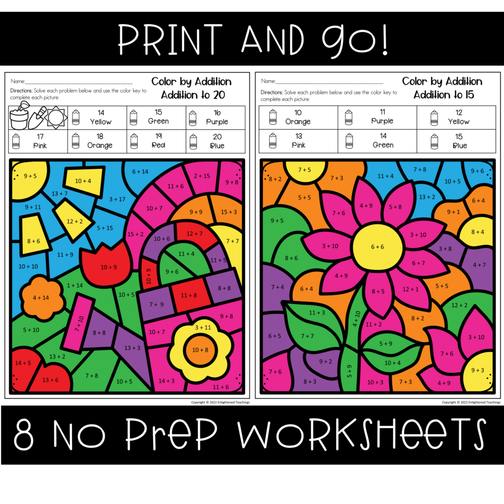 Garden Addition to 20 Color by Code Number NO PREP Coloring Worksheets ...