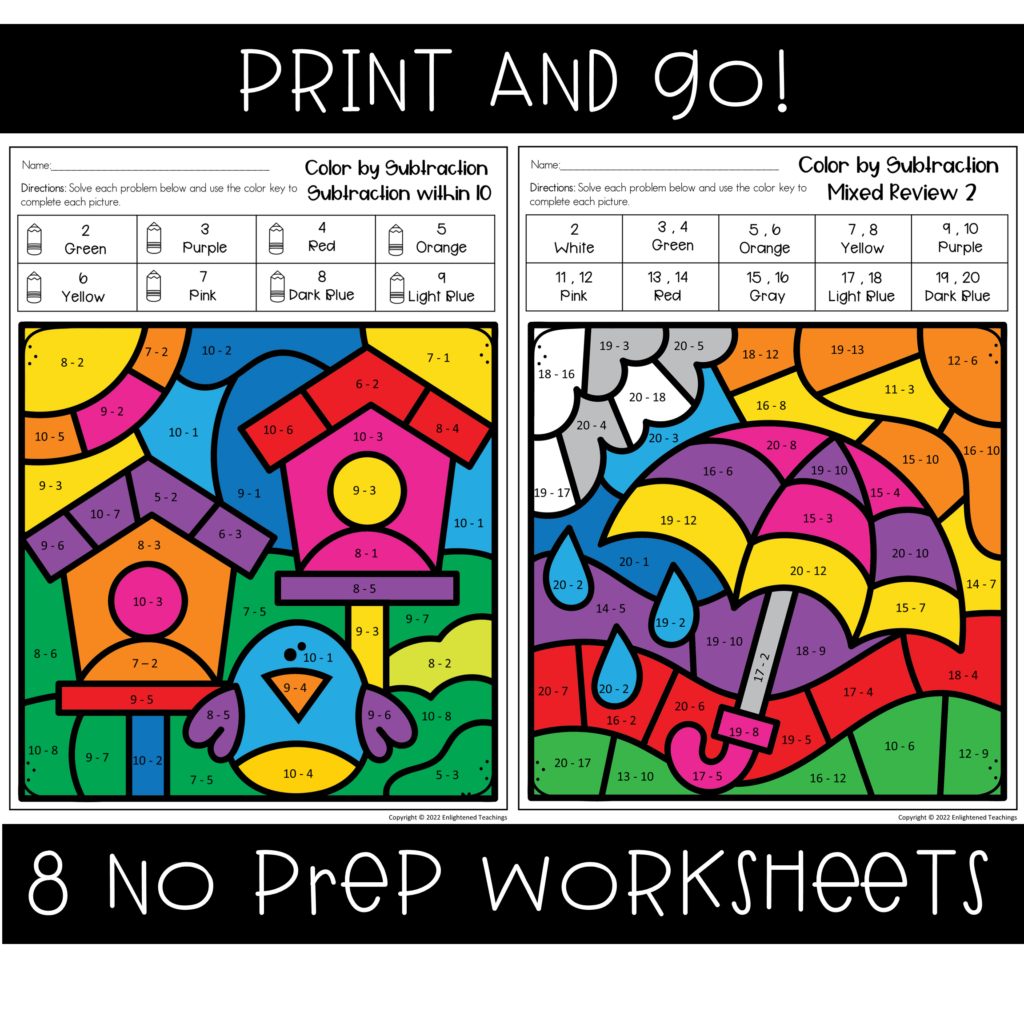 Spring Subtraction to 20 Color by Code Number NO PREP Coloring ...
