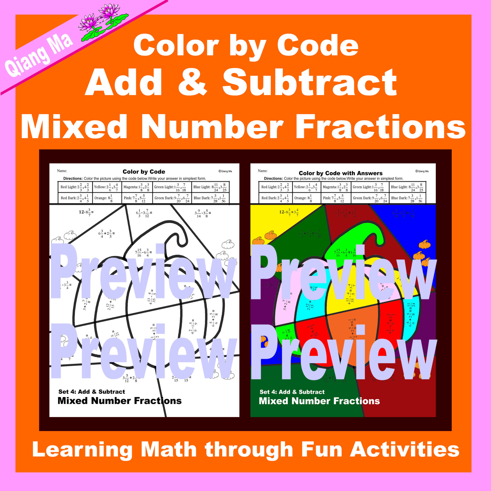 Halloween Color by Code: Add and Subtract Mixed Number Fractions | Made ...