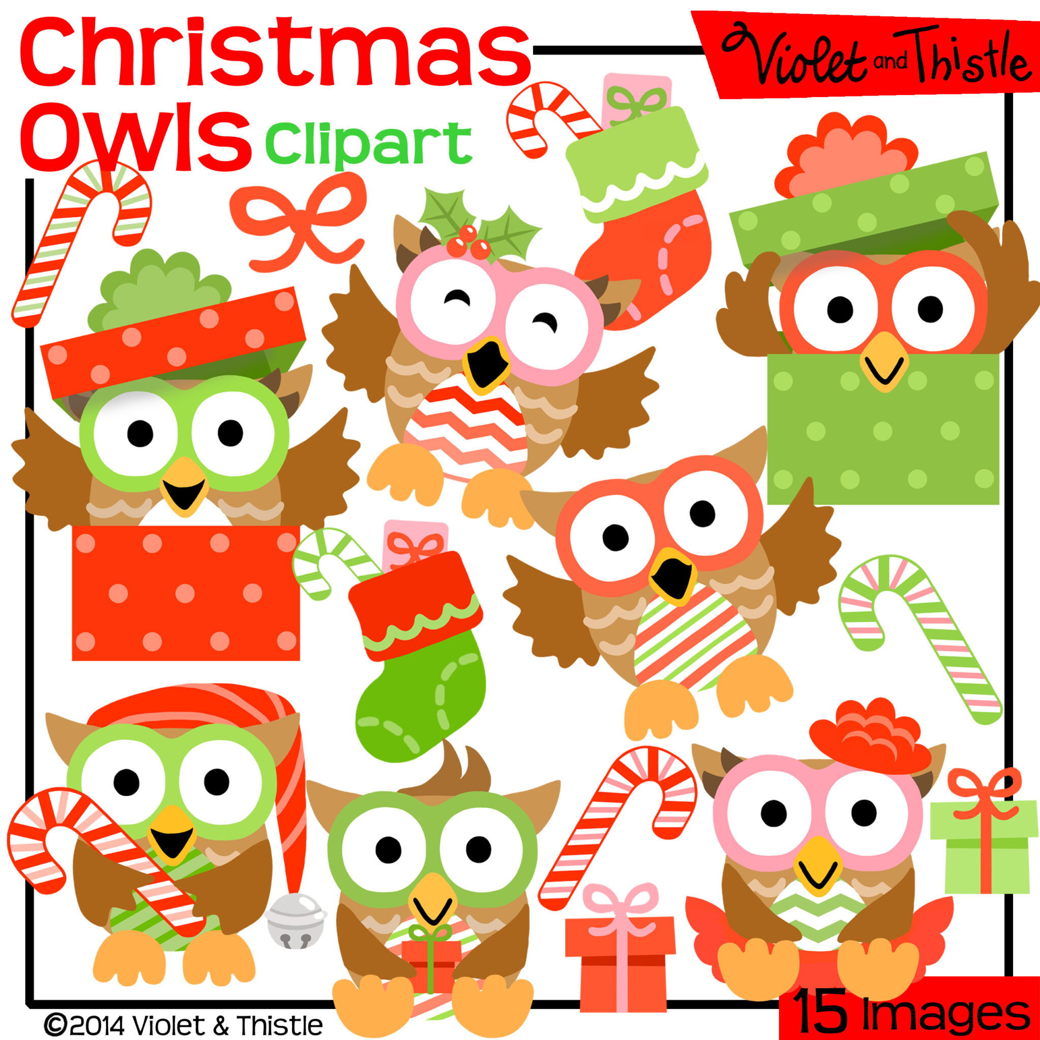 Christmas Owl Clipart Set 2 Mouse in Gift Present Candy Cane Christmas ...