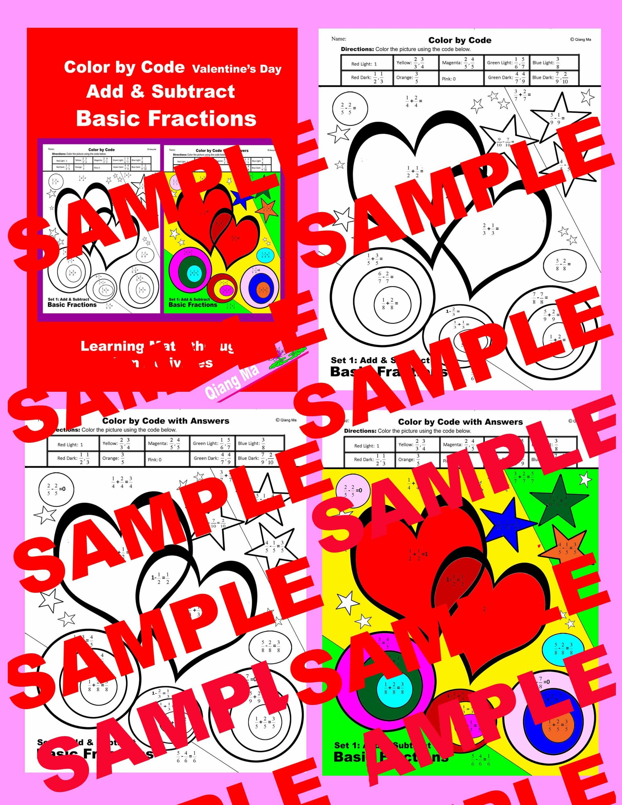 Valentine Color by Code: Add and Subtract Basic Fractions | Made By ...