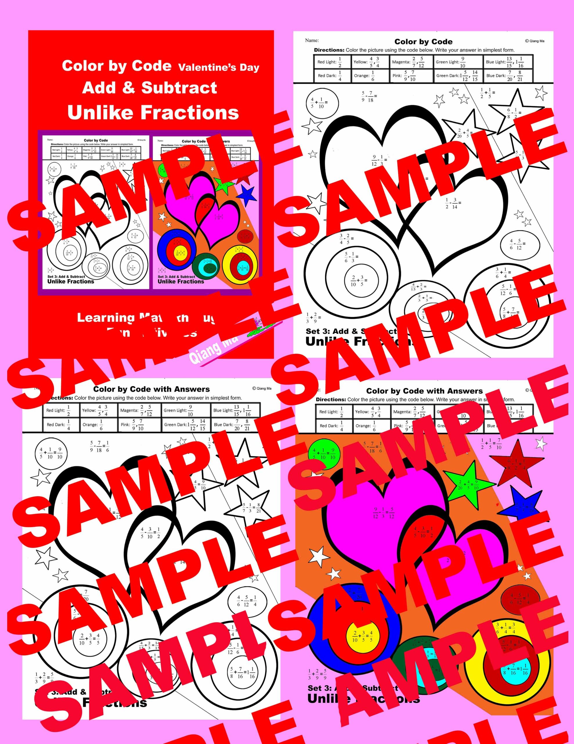 Valentine Color by Code: Add and Subtract Unlike Fractions | Made By ...
