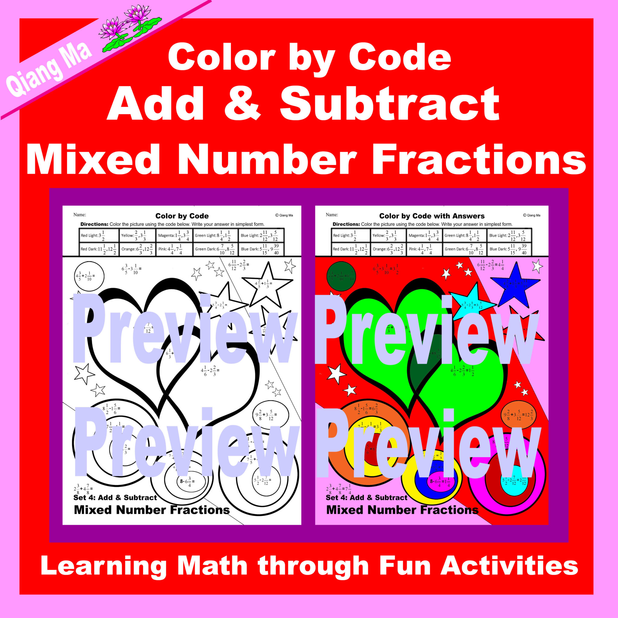 Valentine Color By Code Add And Subtract Mixed Number Fractions Made
