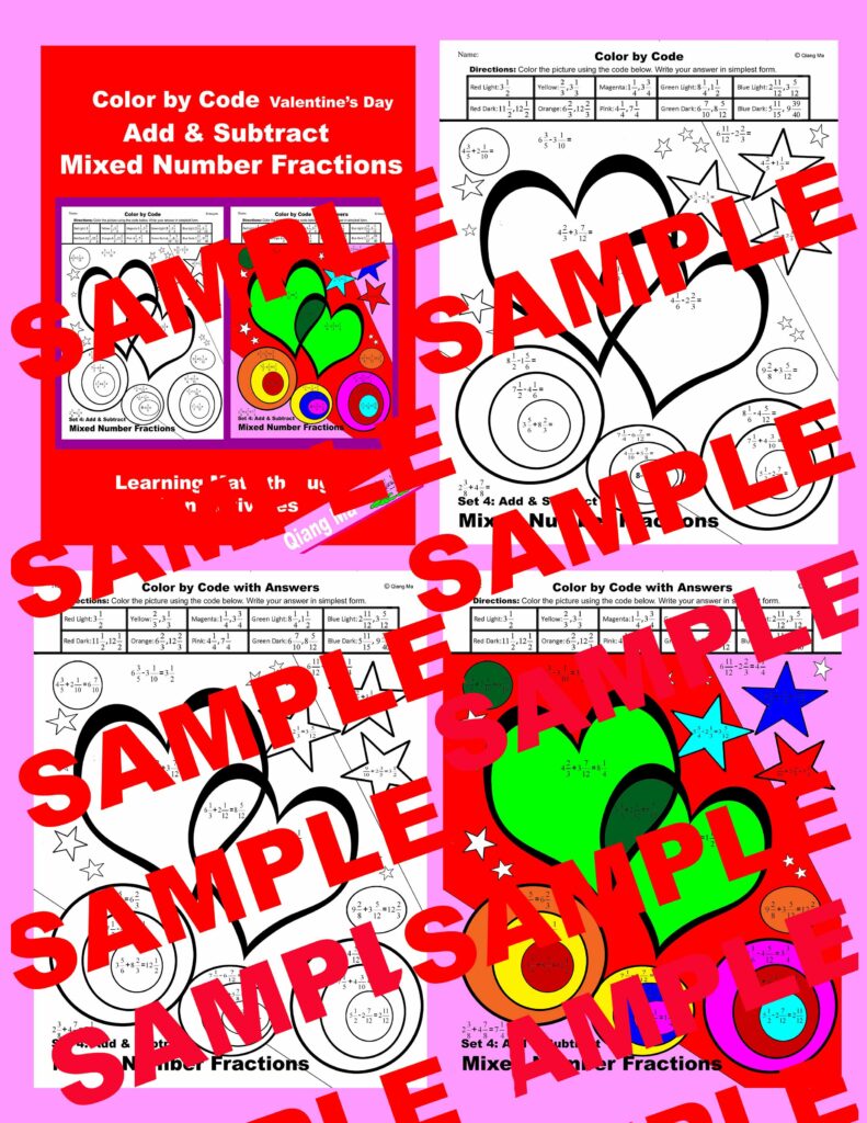 Valentine Color by Code: Add and Subtract Mixed Number Fractions | Made ...