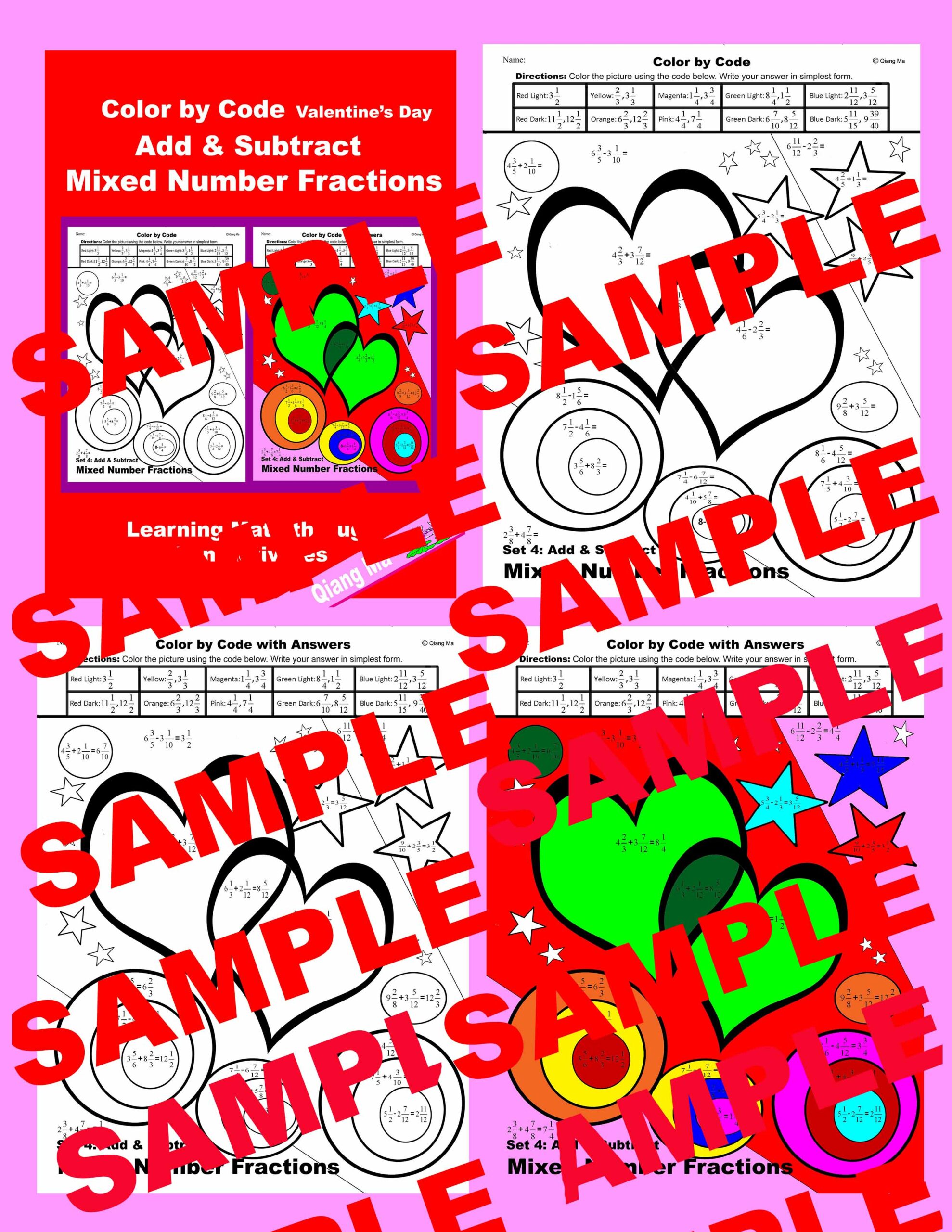 Valentine Color By Code Add And Subtract Mixed Number Fractions Made