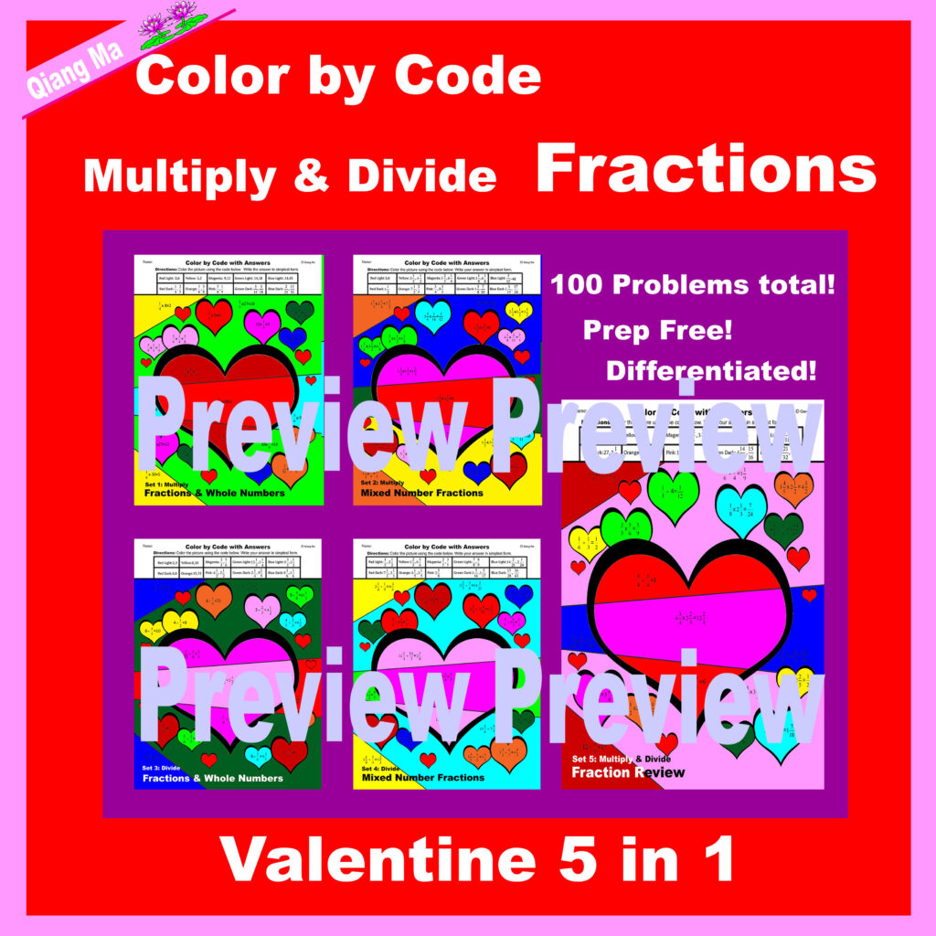 Valentine Color By Code Multiply And Divide Fractions 5 In 1 Made By 