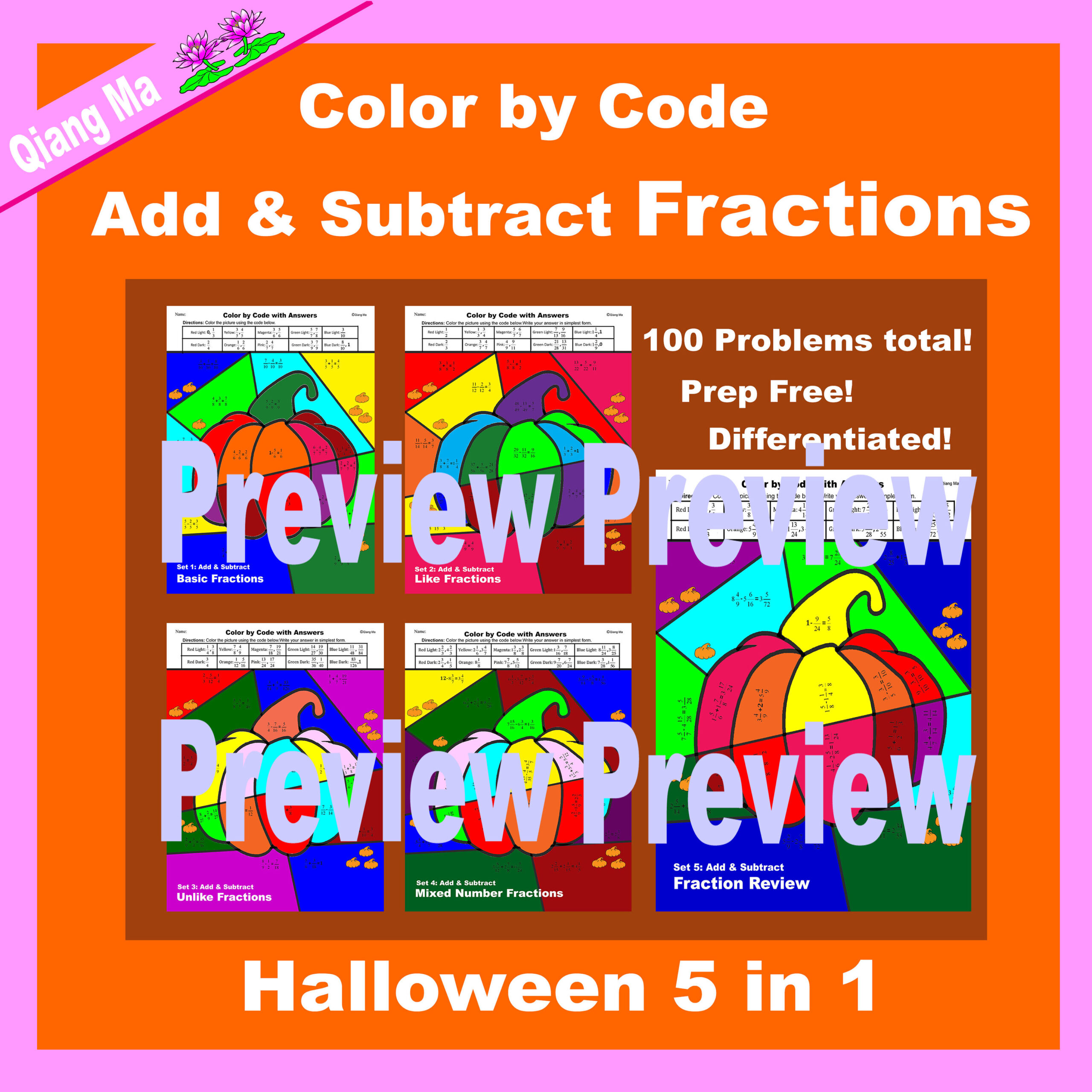 Halloween Color By Code Add And Subtract Fractions 5 In 1 Made By
