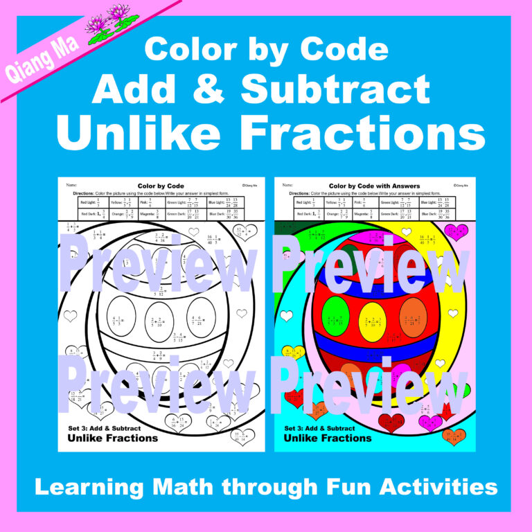 Easter Color by Code: Add and Subtract Unlike Fractions - Made By Teachers