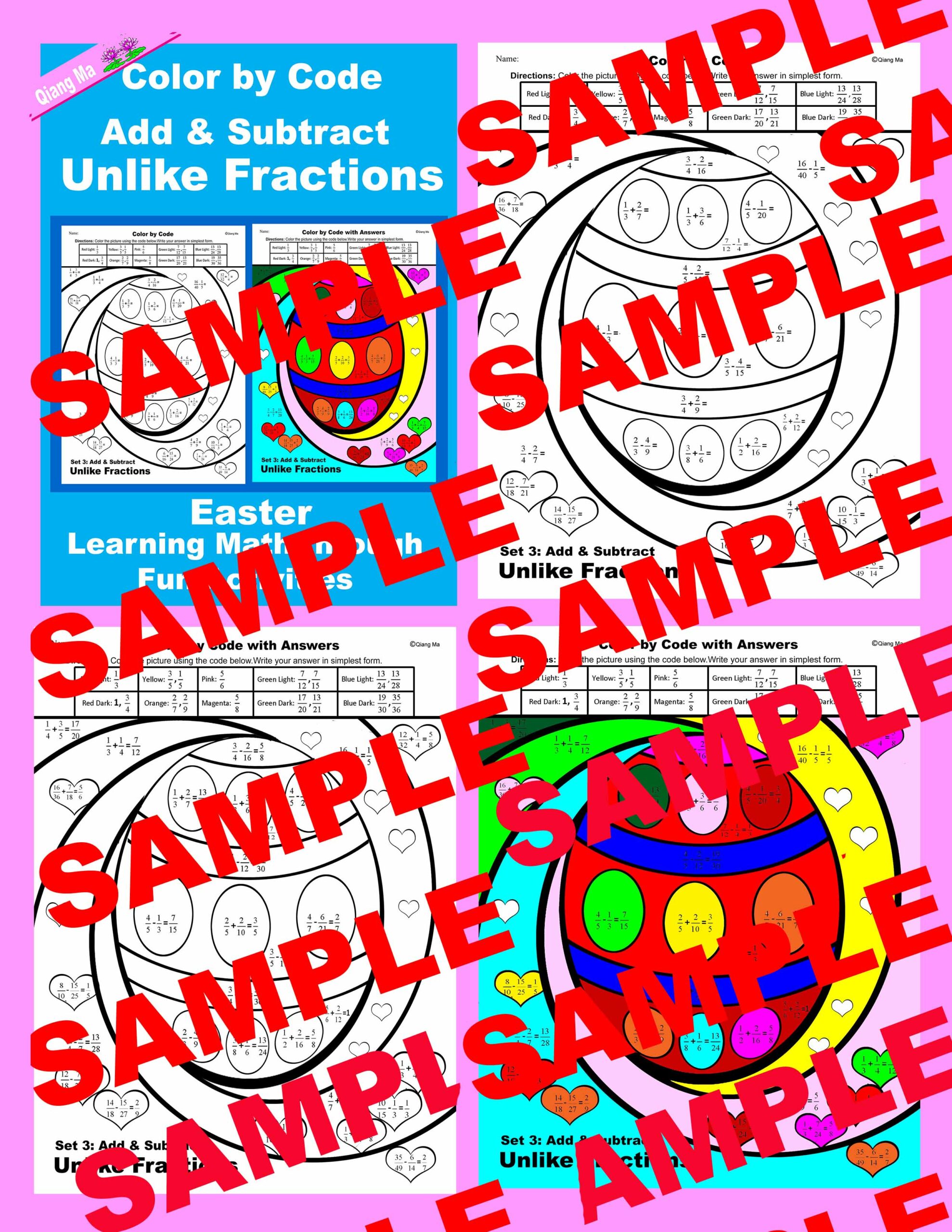 Easter Color by Code: Add and Subtract Unlike Fractions | Made By Teachers