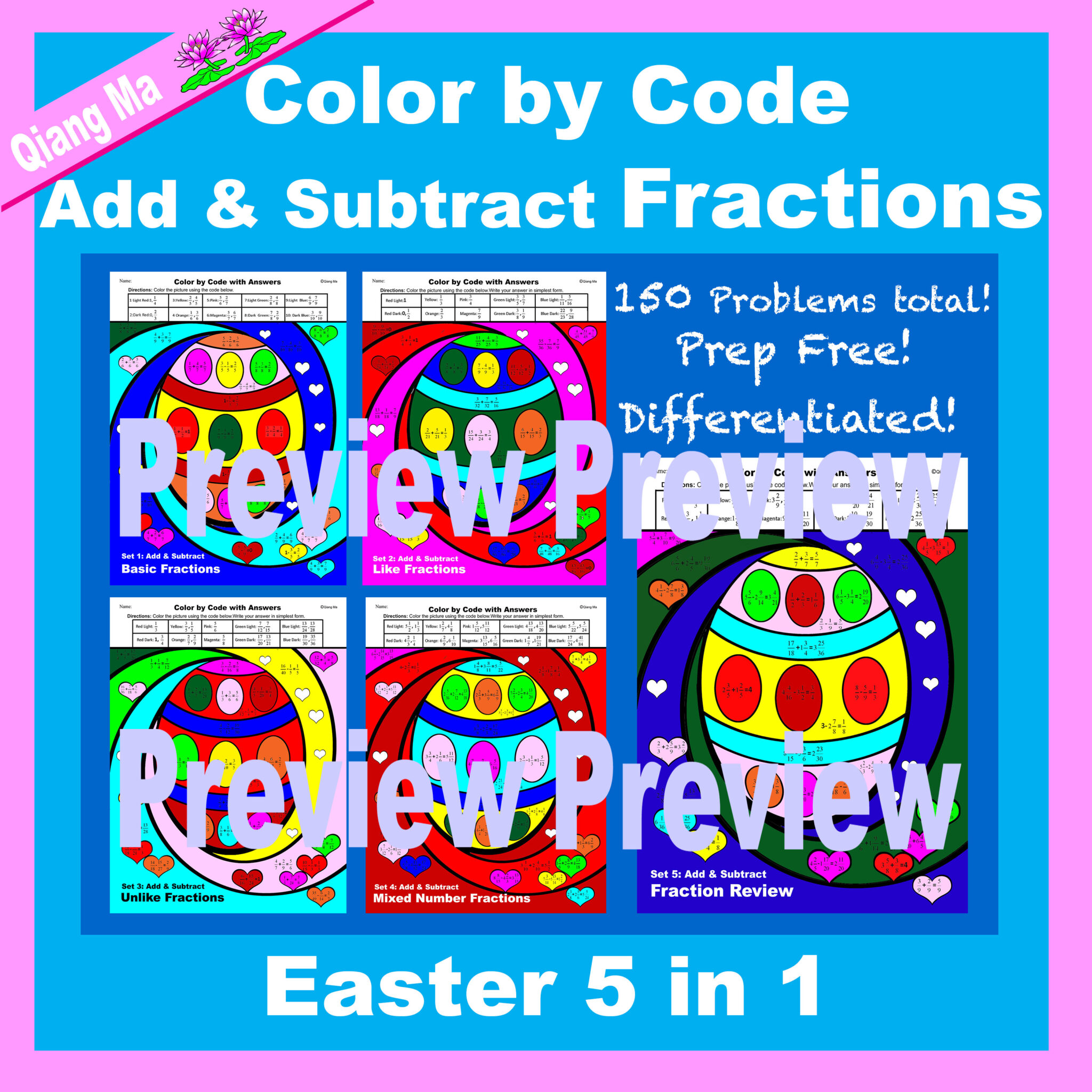 Easter Color by Code: Add and Subtract Fractions 5 in 1 | Made By Teachers