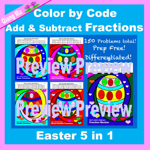 Easter Color by Code: Add and Subtract Fractions 5 in 1 | Made By Teachers