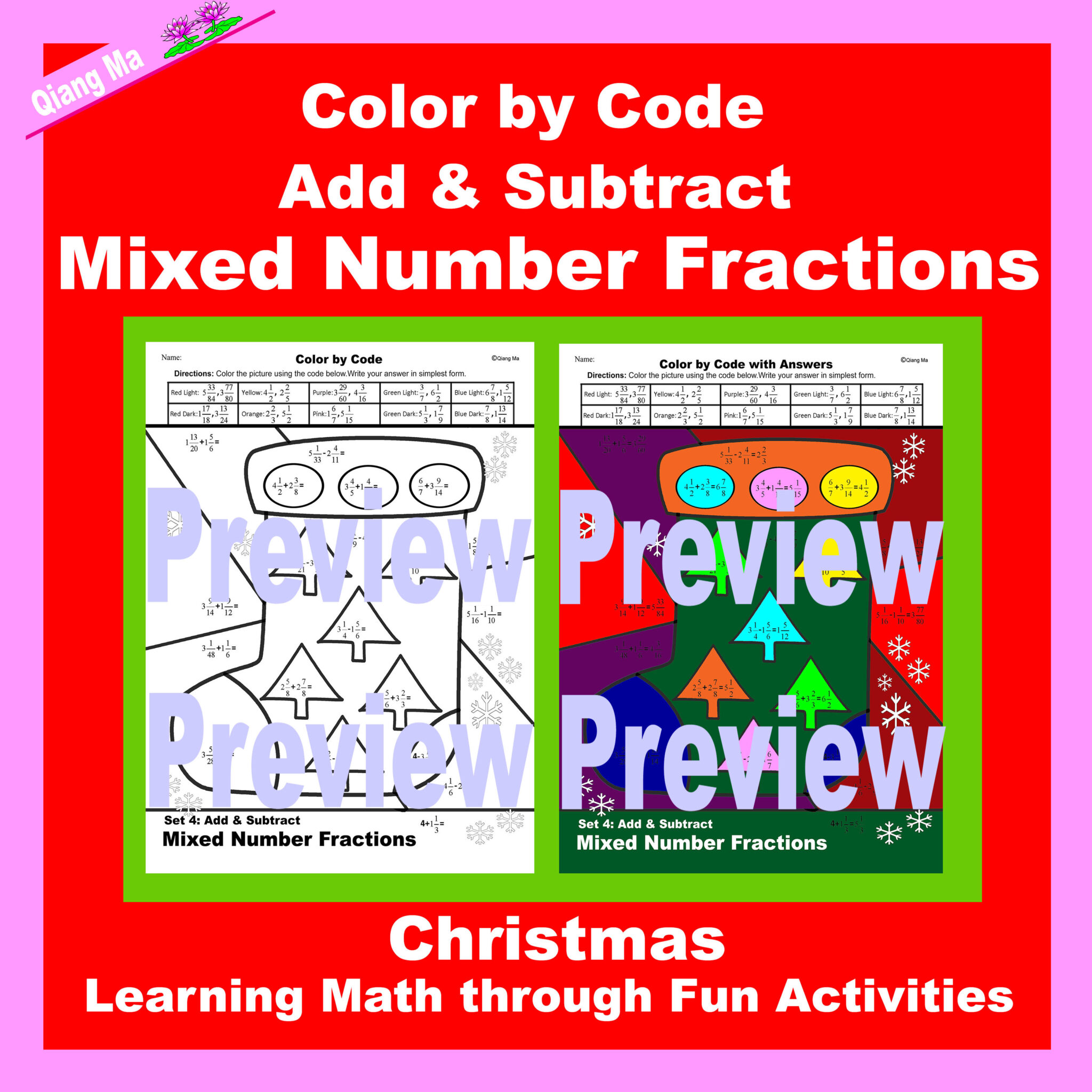 Christmas Color by Code: Add and Subtract Mixed Number Fractions | Made ...