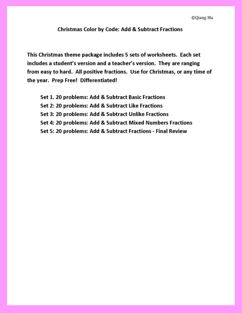 Christmas Color by Code: Add and Subtract Fractions 5 in 1 - Made By ...